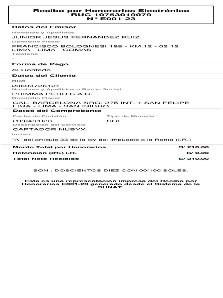 Recibo Por Honorarios Electrónico RUC 10753019079 #E001-23 | PDF