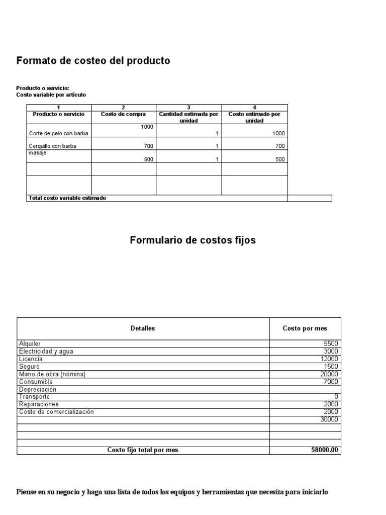 Formato de Costeo Del Producto | PDF | Pequeñas y medianas empresas ...