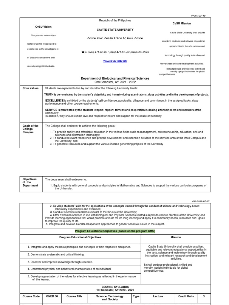 Cvsu Mission Cvsu Vision Cavite State University: Department of ...