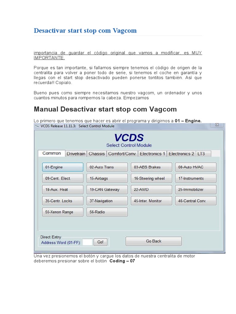 Desactivar Start-Stop con Vagcom | PDF