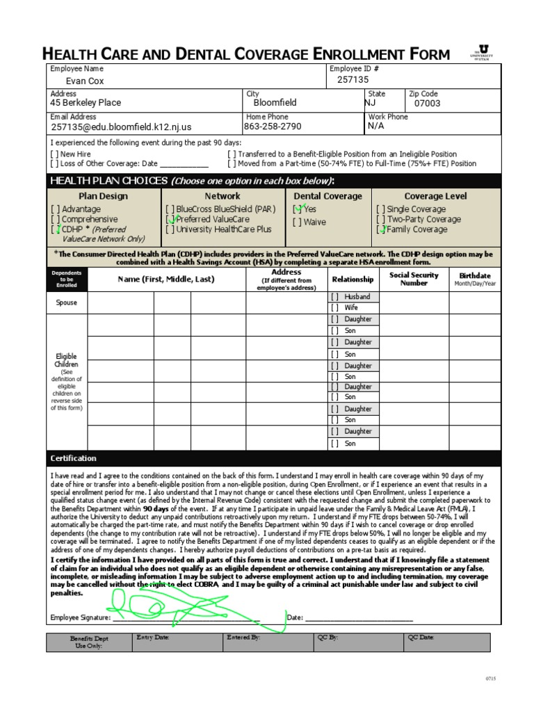 A Comprehensive Analysis of an Employee's Health Care and Dental Coverage Enrollment Form | PDF ...