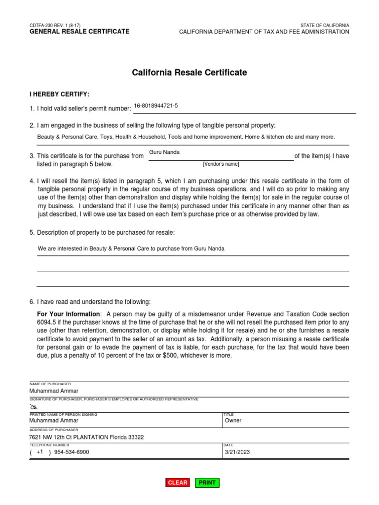 California Resale Certificate | PDF