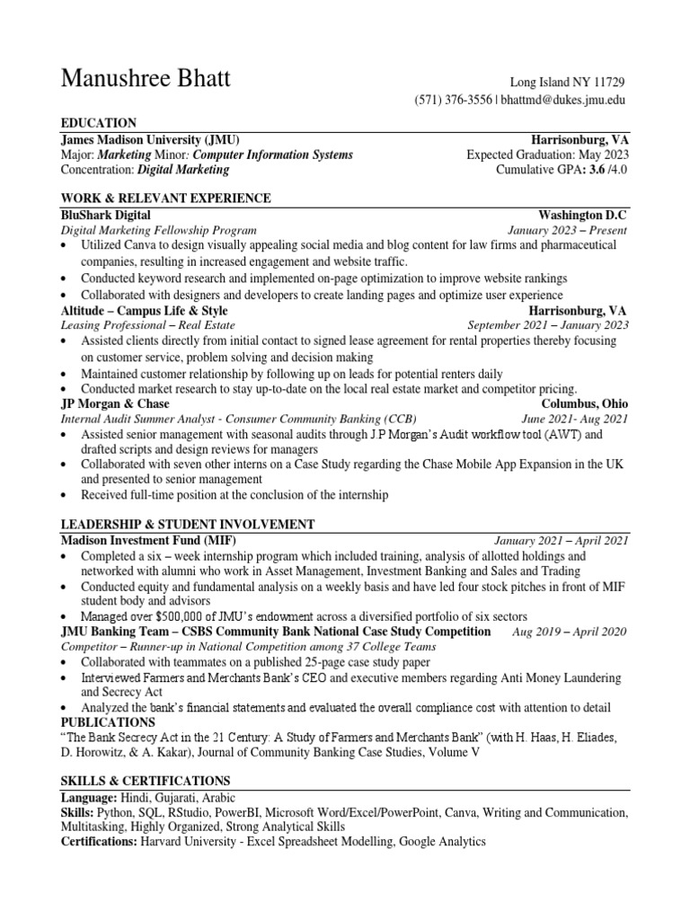 Manushree Bhatt - Final Resume 2023 1 | PDF | Jp Morgan Chase | Digital Marketing