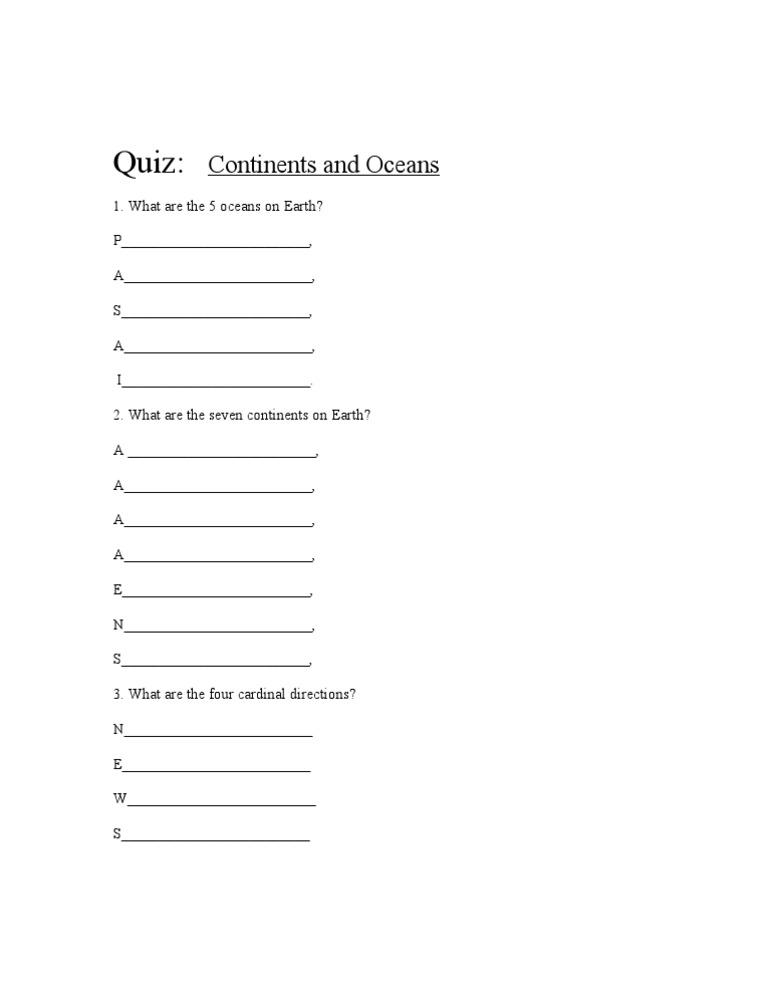 Quiz on Continents and Oceans | PDF