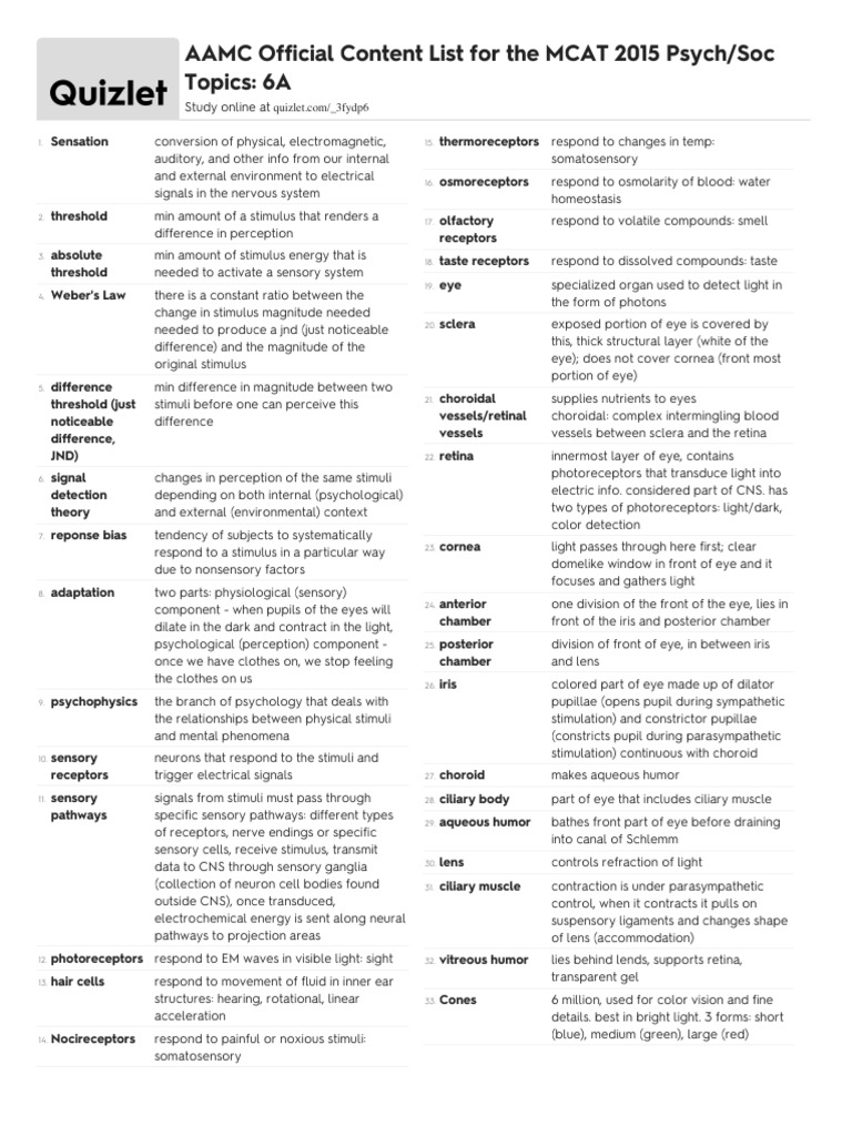 MCAT Quizlet AAMC Psych:soc-6a | PDF | Ear | Visual System