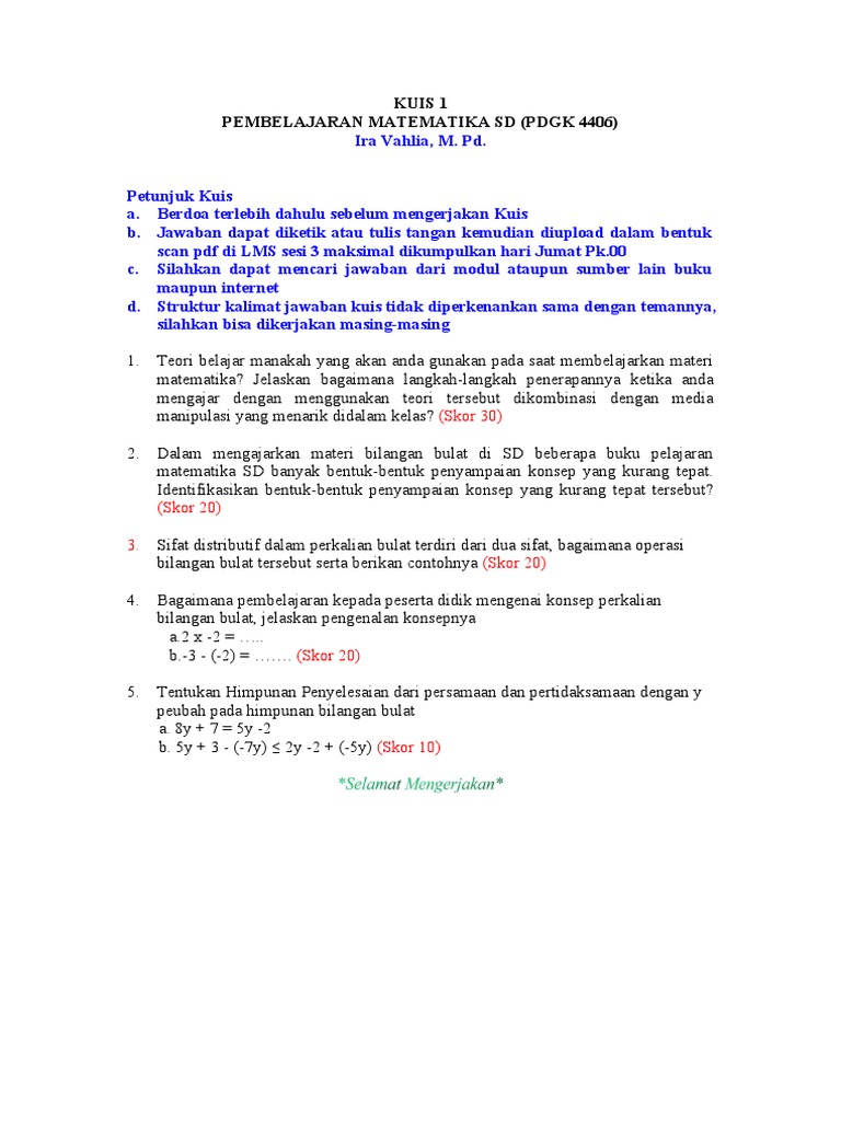 KUIS 1 Pembelajaran Matematika Di SD | PDF