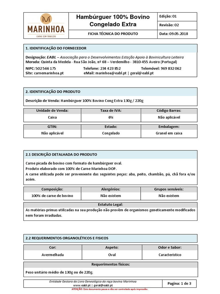Hambúrguer Bovino Congelado Marinhoa | PDF