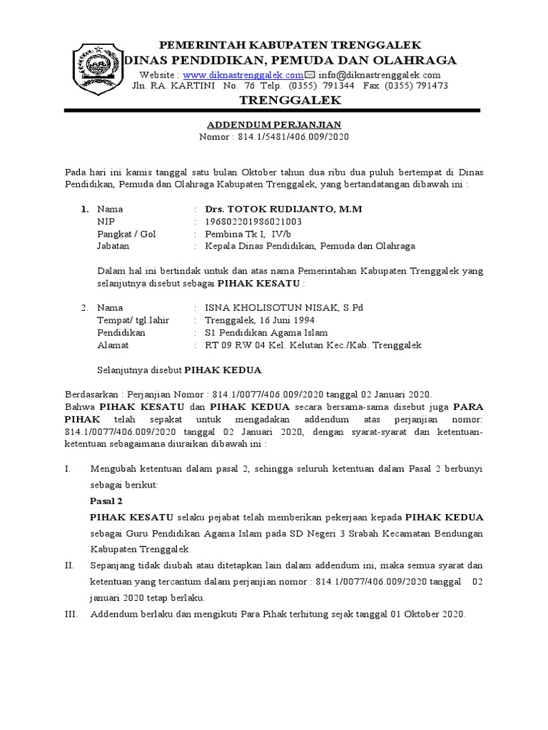 Addendum Perjanjian Kerjasama 2020 | PDF
