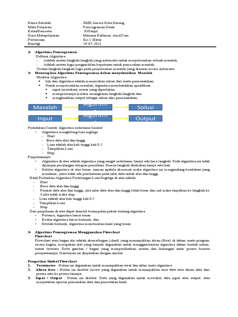 Materi Kelas X Pertemuan I Algoritma Pemrograman Dan Flowchart Pdf