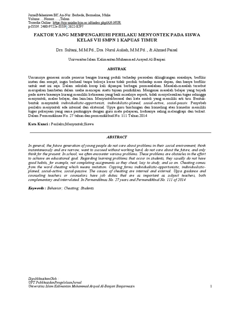 Faktor Penyebab Siswa Menyontek SMP | PDF | Karier & Perkembangan ...