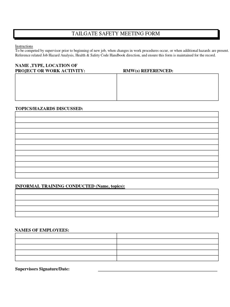 Tailgate Safety Meeting Form: Name, Type, Location of Project or Work ...