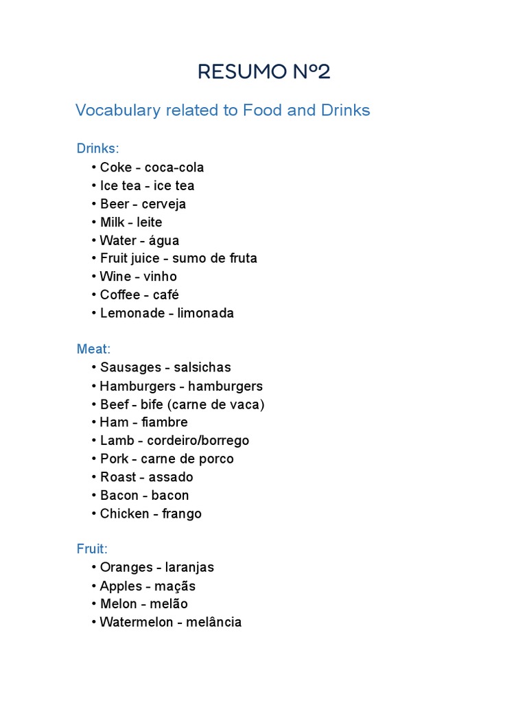 Vocabulário sobre alimentos e bebidas | PDF | Alimentos | Comidas e bebidas