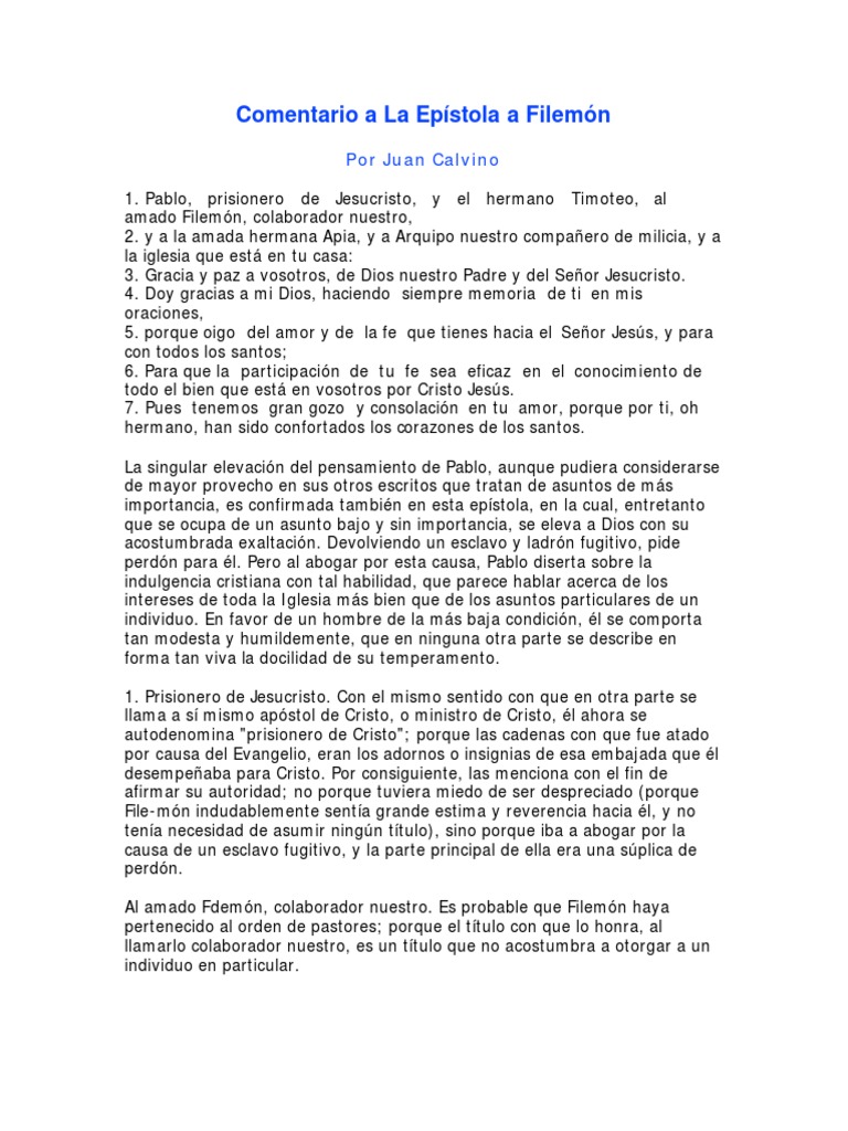 Comentario A La Epístola A Filemón: Por Juan Calvino | PDF | Pablo el ...