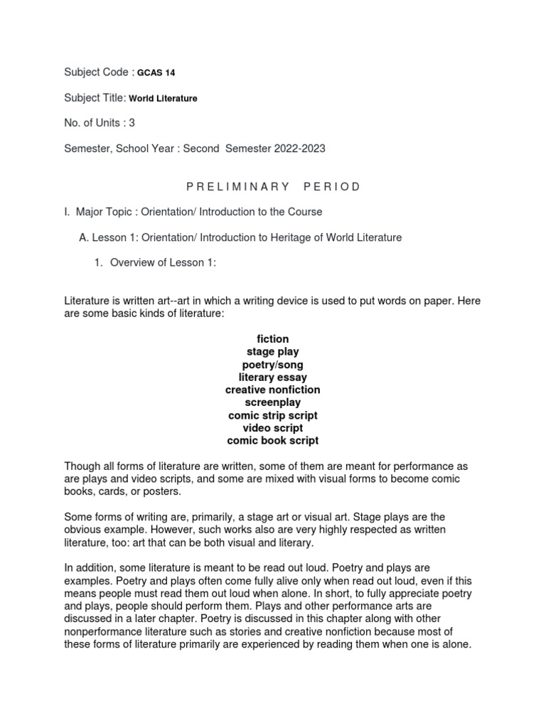 World Literature Syllabus | PDF | Poetry | Narrative