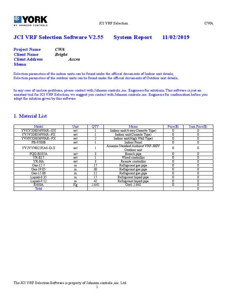 JCI VRF Selection Software V2.55 System Report 11/02/2019 | PDF ...