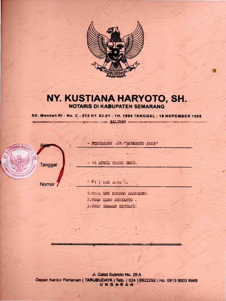 Akte Perubahan CV Haryanto Jaya | PDF