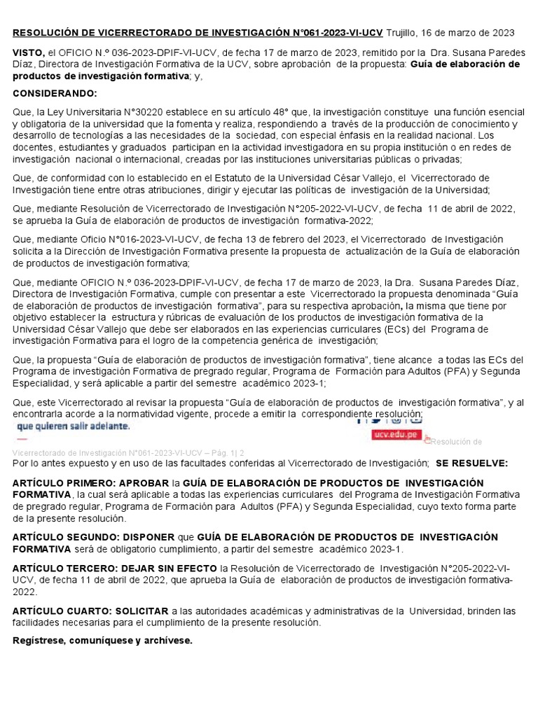 RVI N°061-2023-VI-UCV Aprueba Guía de Elaboración de Productos de ...