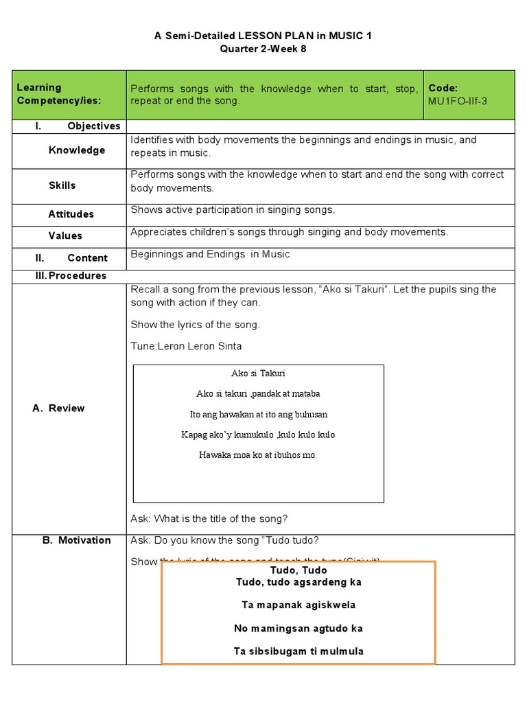 Music Lesson Plan: Ako si Takuri | PDF | Behavior Modification | Learning