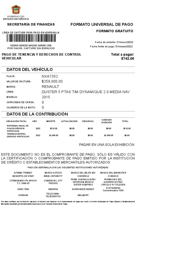 Pagos de tenencia y derechos vehiculares para Renault Duster 2015 | PDF