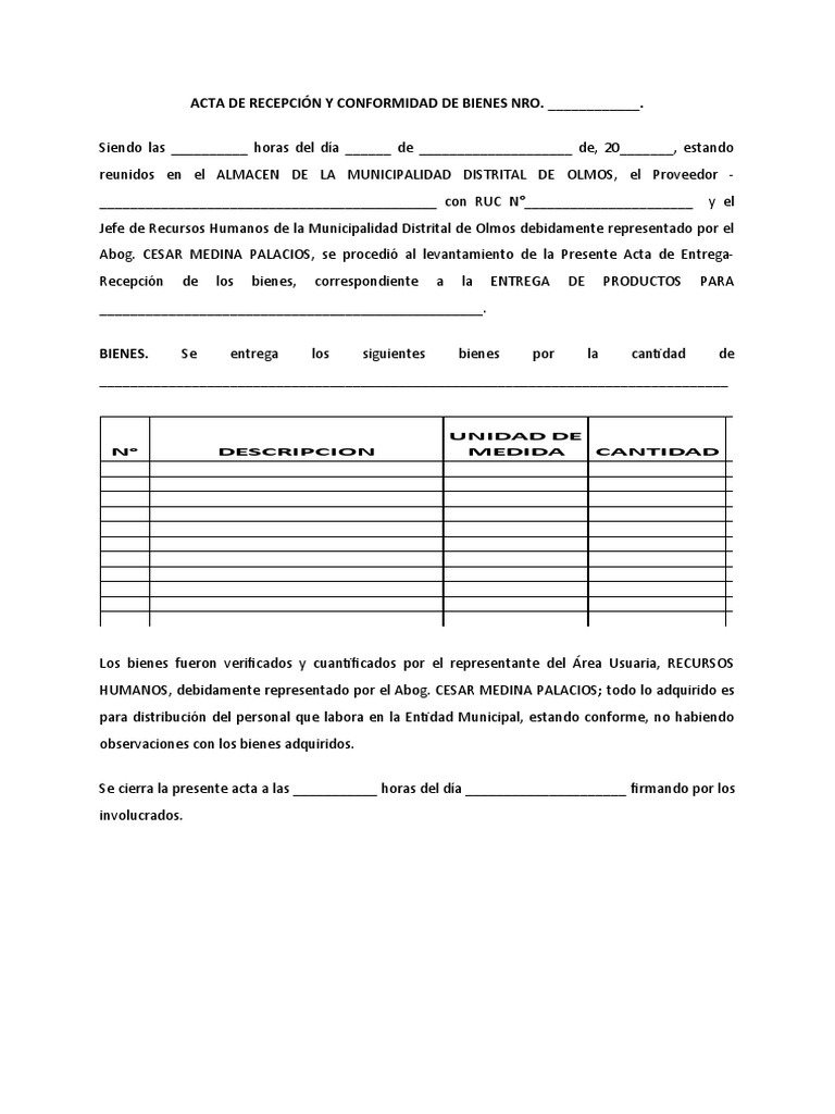 Acta de Recepcion de Bienes | PDF Acta de Recepcion de Bienes | PDF
