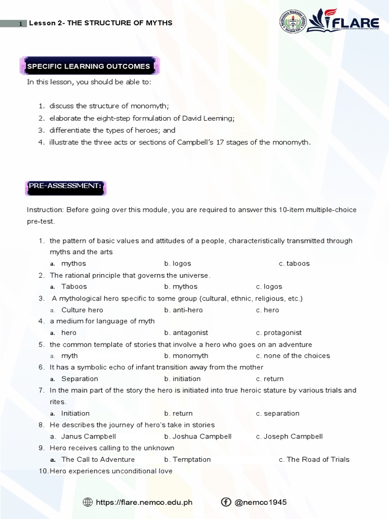 Specific Learning Outcomes: Lesson 2-The Structure of Myths | PDF | Hero