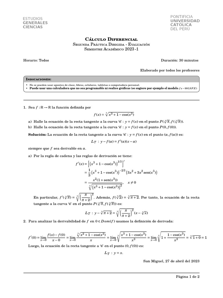 PD2 2023 1 Evaluacion Solucion | PDF | Curva | Ecuaciones
