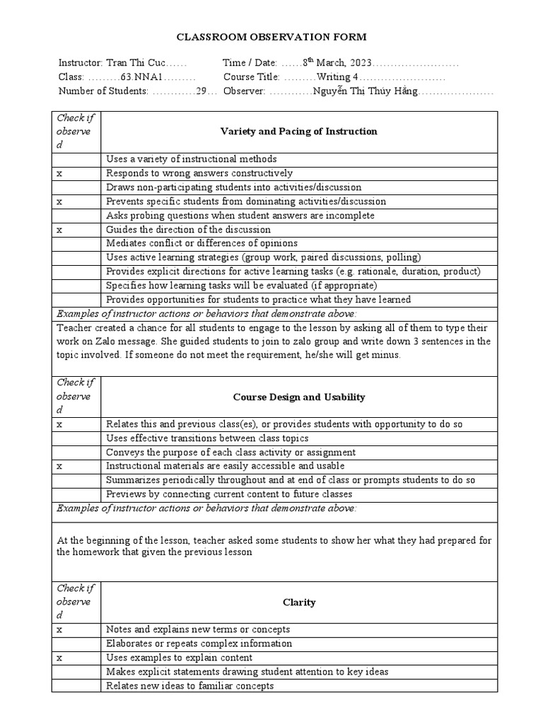 Classroom Observation Form 1 | PDF | Learning | Teachers