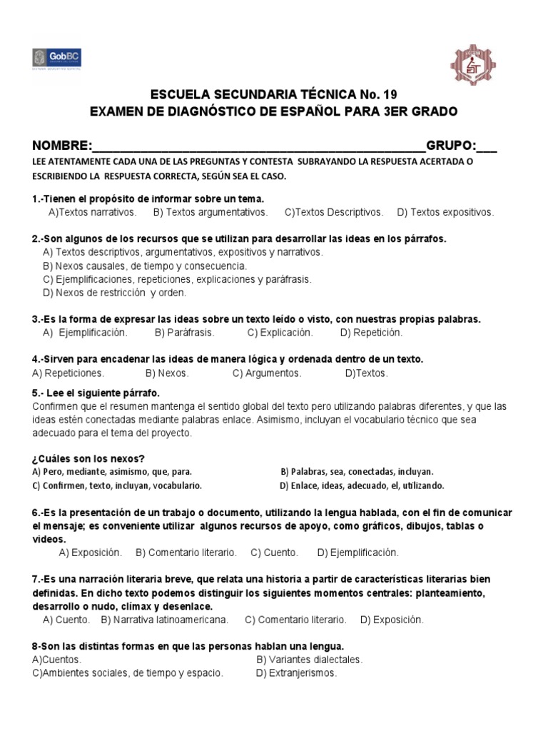 EXAMEN DE DIAGNÓSTICO DE ESPAÑOL PARA 1, 2 y 3 | PDF | Acoso ...