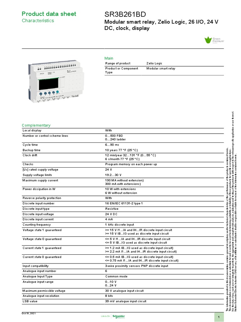 Product Data Sheet for the Zelio Logic Modular Smart Relay SR3B261BD ...