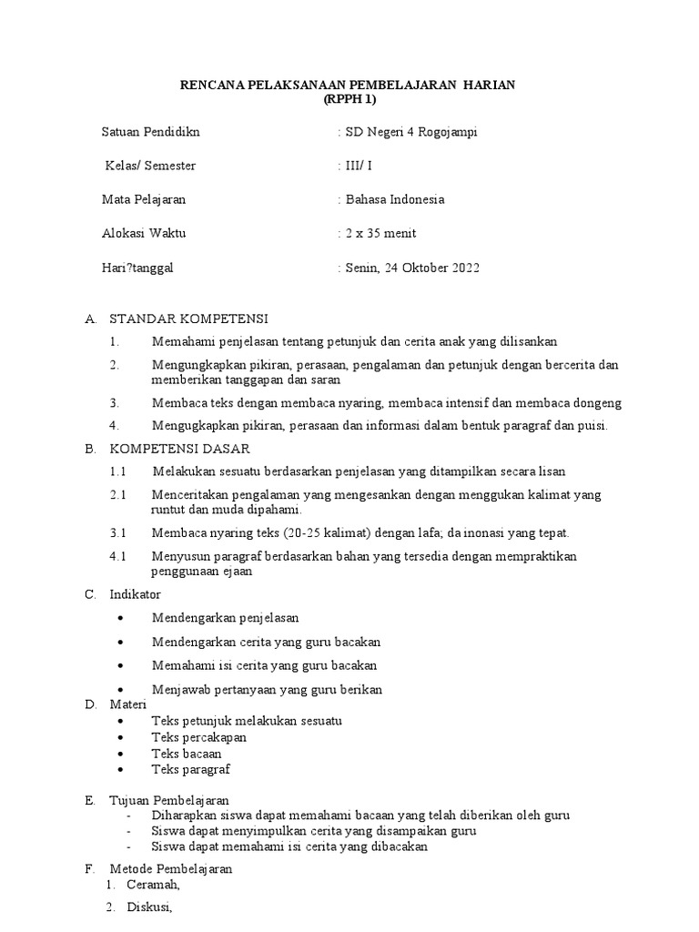RPP KTSP Bahas Indonesia Kelas 3 | PDF