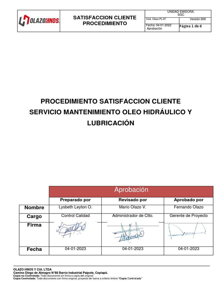 Procedimiento de Satisfacción Cliente Olazo | PDF | La satisfacción del ...