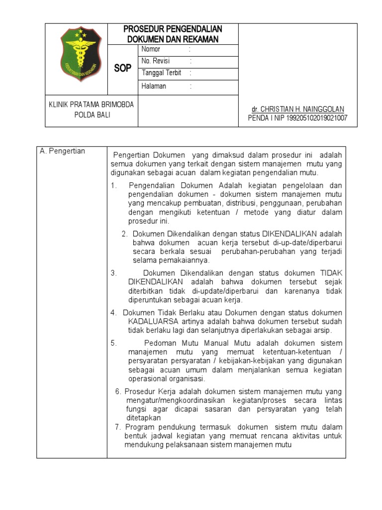 SOP PROSEDUR PENGENDALIAN DOKUMEN DAN REKAMAN | PDF