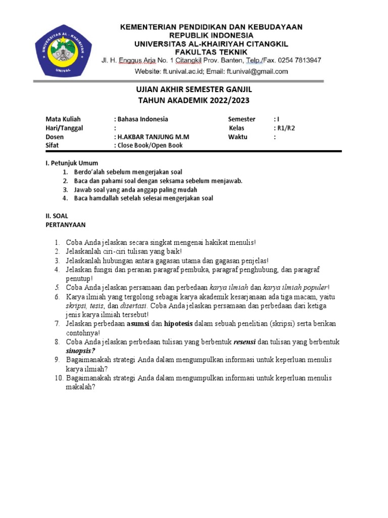 Soal UAS B.Indonesia 2022-2023 | PDF