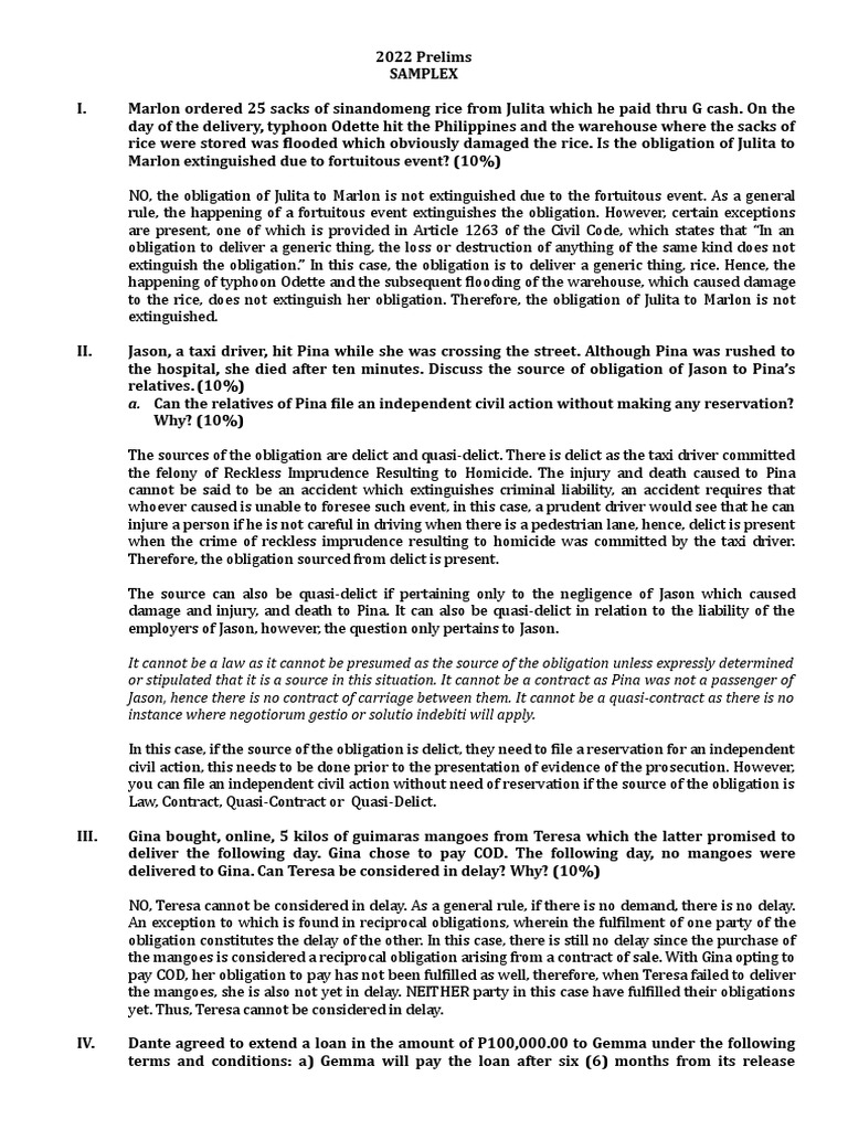 Oblicon Samplex Answers | PDF | Civil Law (Legal System) | Legal Concepts