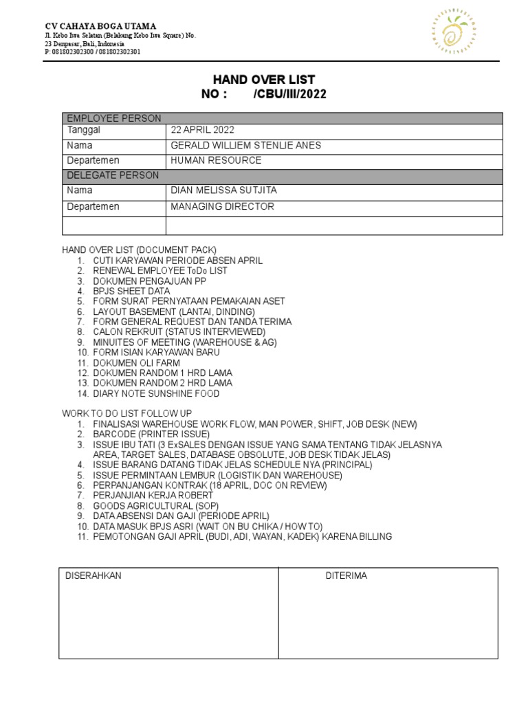 Hand Over List No: /Cbu/Iii/2022 | PDF