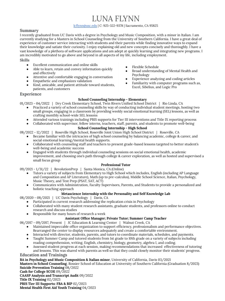 School Counseling Resume - Luna Flynn April 2023 | PDF | School ...