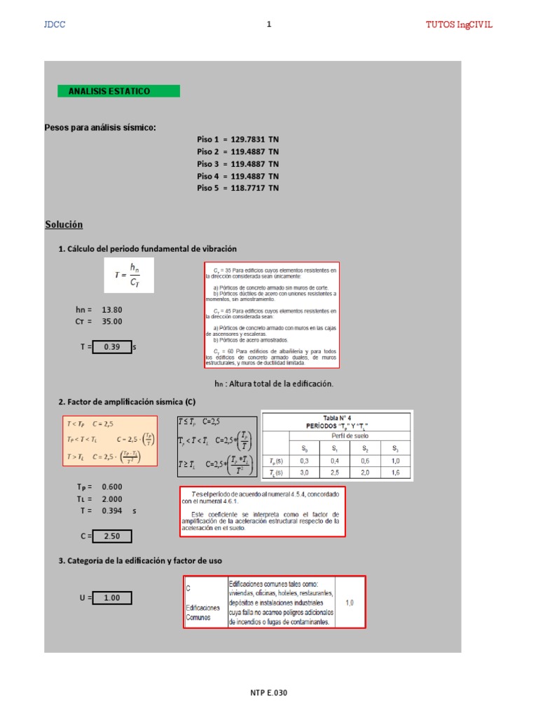 Analisis Sismico Estatico NTP E.030 Actualizada 2017 | PDF