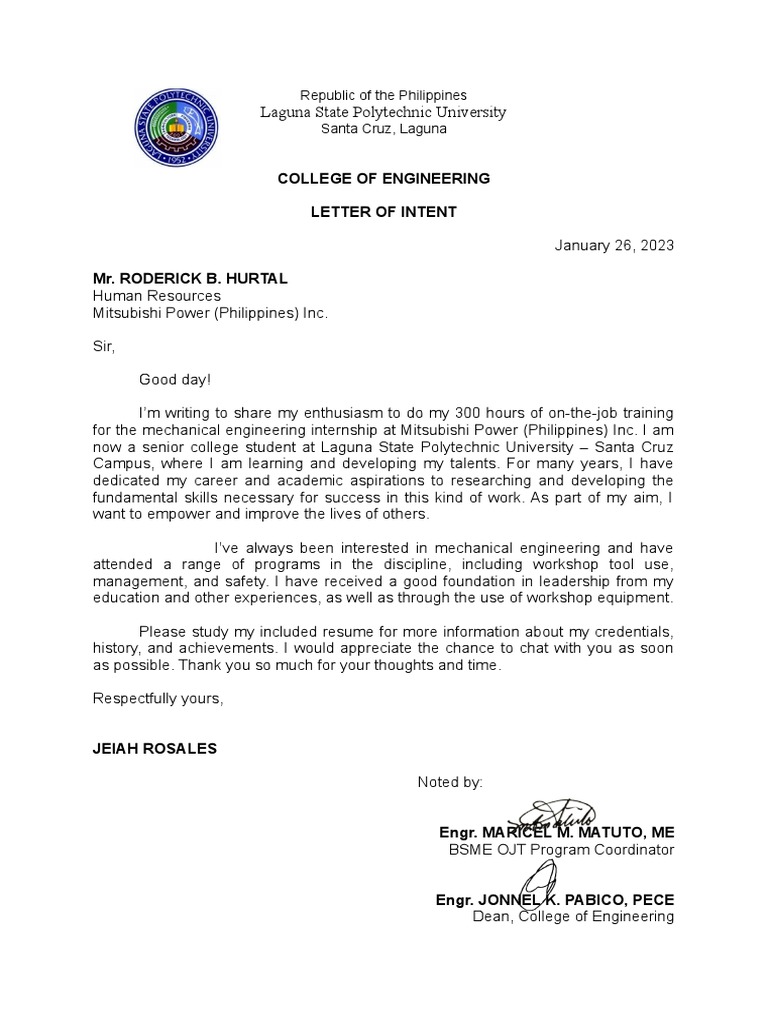College of Engineering Letter of Intent: Laguna State Polytechnic University | PDF