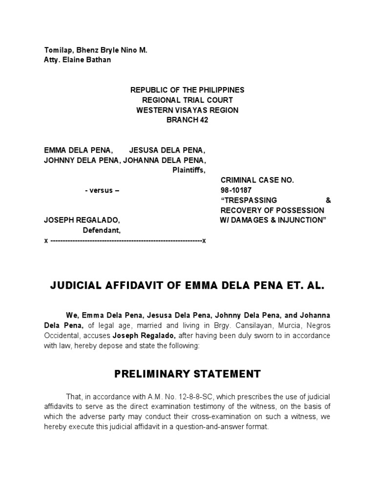 Tomilap, Bhenz Bryle - Judicial Affidavit Assignment | PDF | Affidavit | Common Law