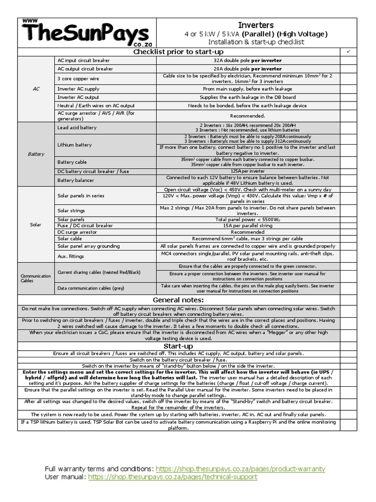 5kva Inverter Checklist - HV - Parallel | PDF 5kva Inverter Checklist - HV - Parallel | PDF