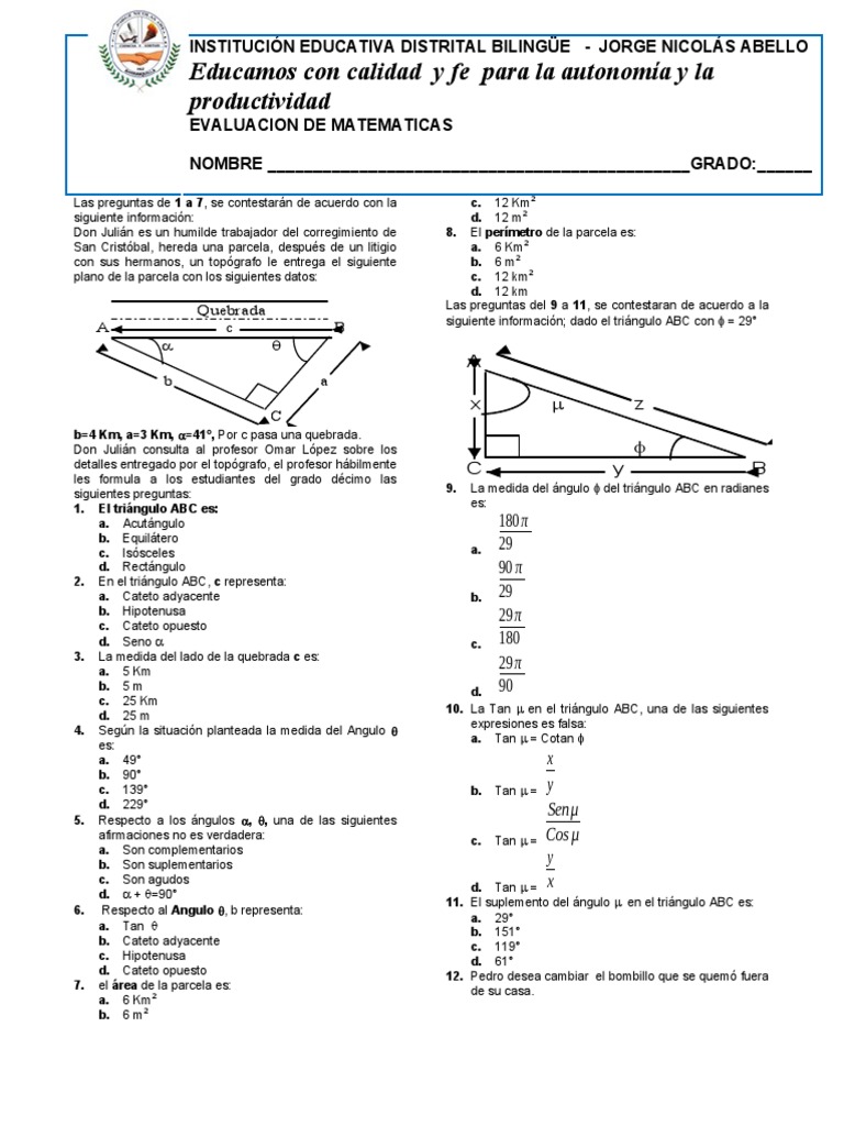 Evaluación de Matemáticas para Décimo Grado | PDF
