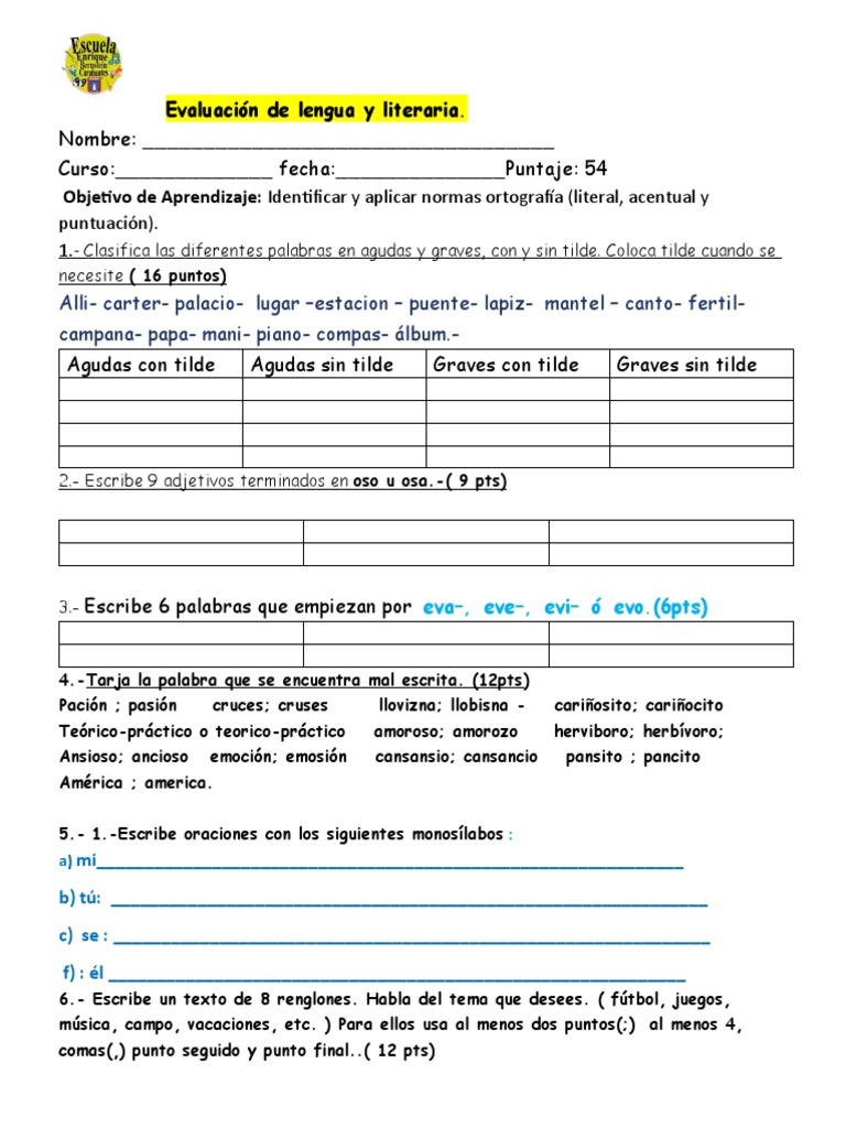 Evaluación de Lengua y Literaria | PDF