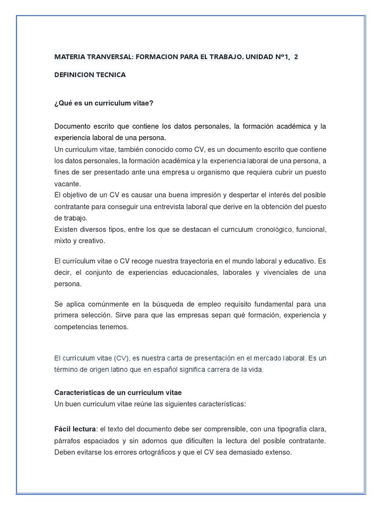 Definicion Tecnica de CV - Formacion para El Trabajo - Prof. Morales ...