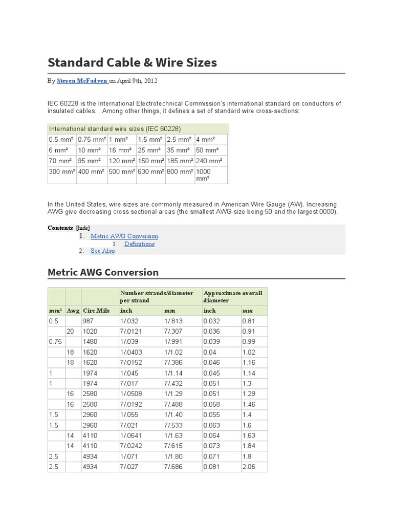 Standard Cable Sizes | PDF | Electricity | Electrical Engineering