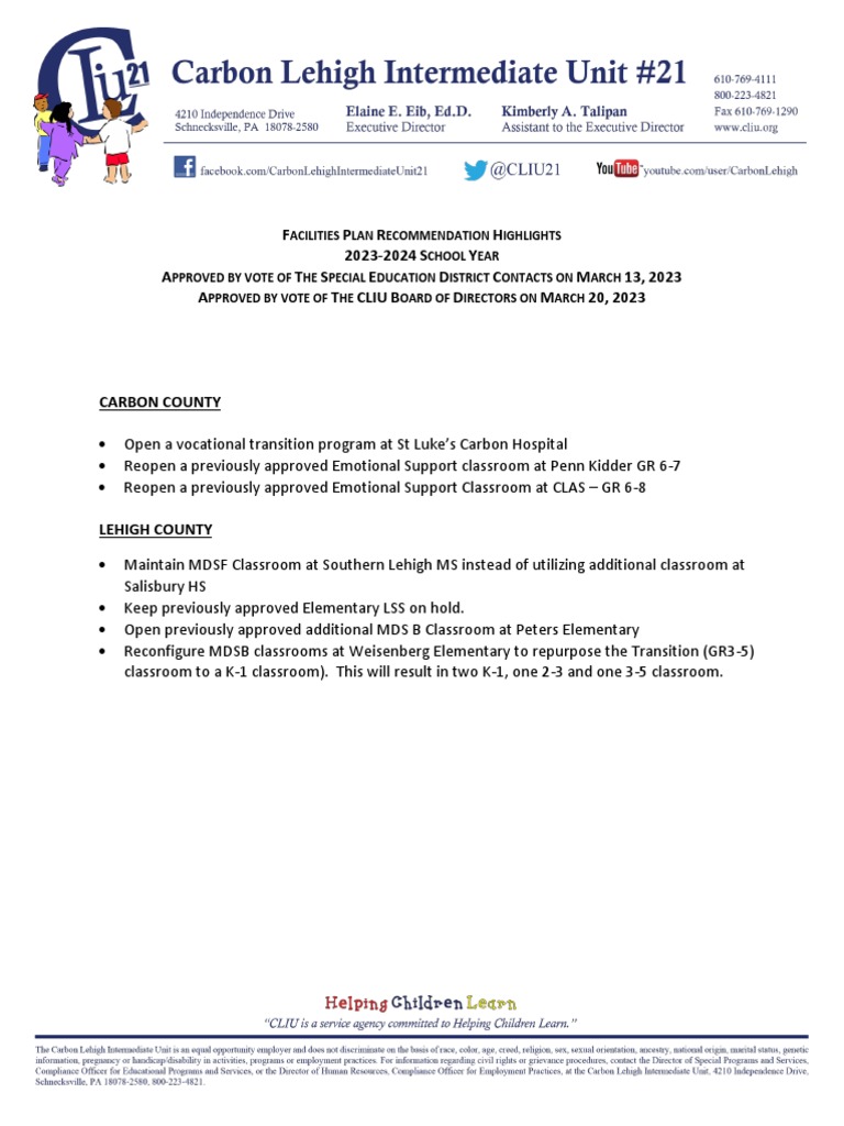 2023-24 CLIU Special Education Facilities Plan - Exhibit.4.24.23 | PDF ...