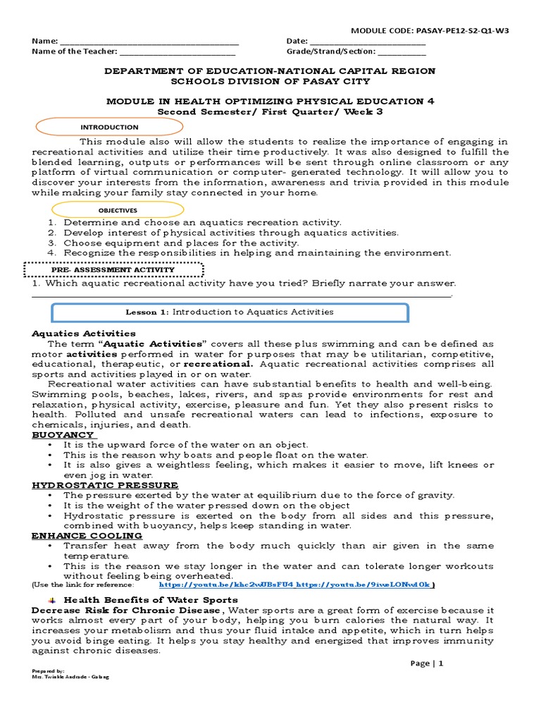 P.E Recreational Module For gr12 | PDF | Snorkeling | Swimming