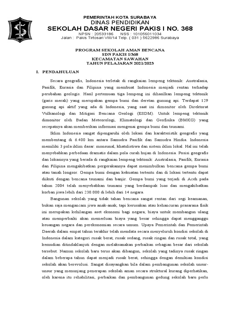 Program Sekolah Aman Bencana SDN Pakis I 2021-2022 | PDF