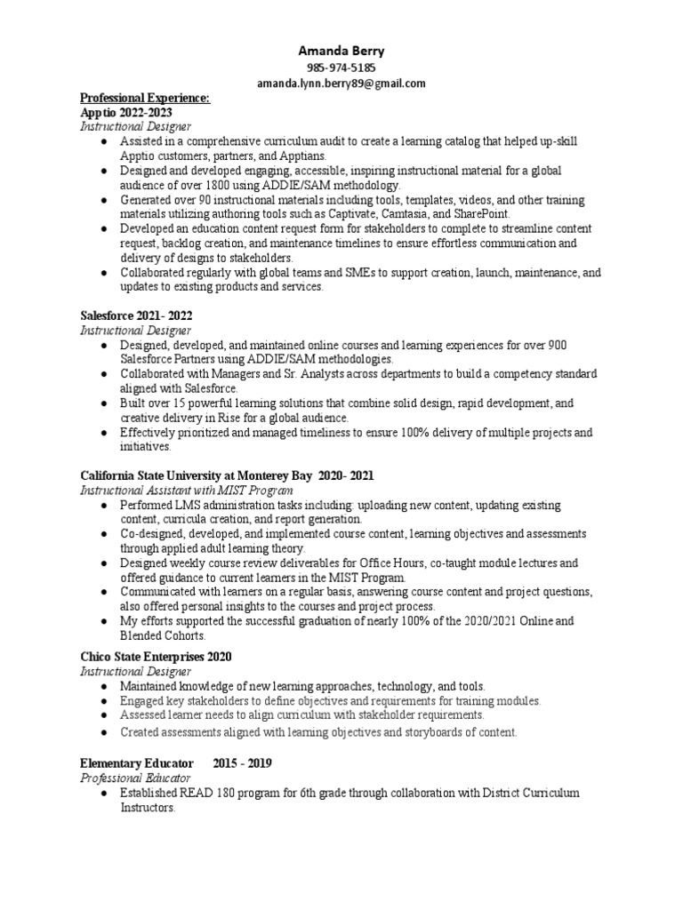 Amanda B Resume | PDF | Instructional Design | Curriculum