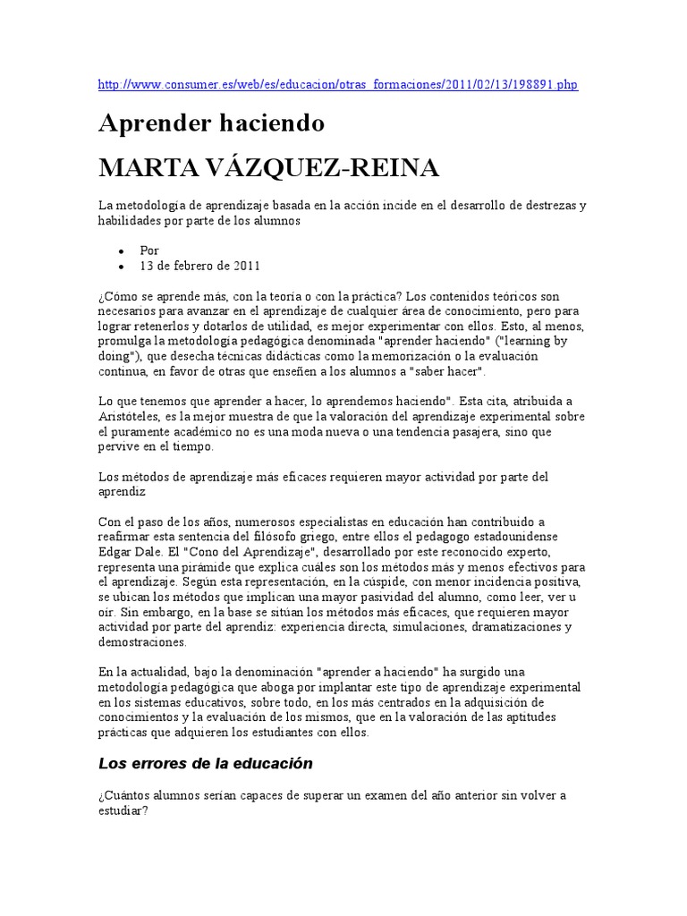 Aprender Haciendo Marta Vázquez-Reina: Los Errores de La Educación | PDF