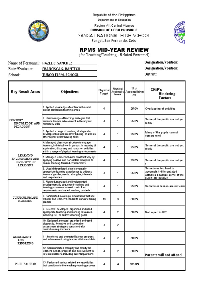 RPMS Mid-Year Review for Teachers | PDF | Educational Technology ...